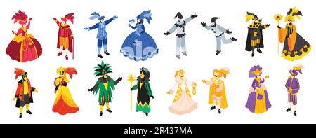 Isometric venetian costumes carnival set of compositions with text and ...