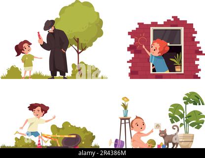 Kid danger cartoon icons set with children in dangerous harmful ...