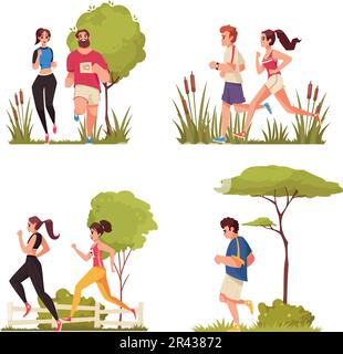 City runners cartoon icons set with people running marathon isolated ...