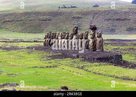 Moai Sculptures Row on Platform, Side View, Blue Skyline. Anakena Beach ...
