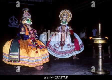 Noble or green character in Kathakali at Kerala Kalamandalam, classical ...