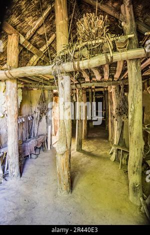 Structural supports inside the 20m replica of a longhouse at La Houghue ...