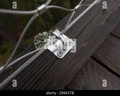 Screwed hook and tensioning joints on a modern wire fence. Anchor eye ...