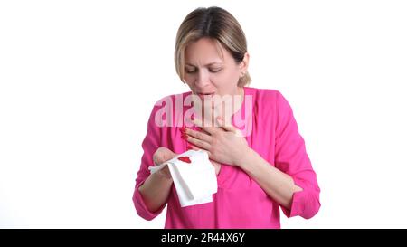 Sick woman coughing up blood and surprised on white background Stock ...