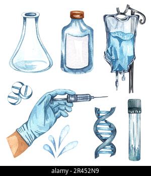 Medical kit. syringe, dna, pills, drops, ointment. Set of watercolor ...