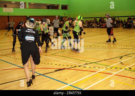Highly involved Brighton Rockers coach Mass Janeycide at a roller derby ...