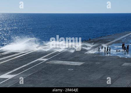 Flight deck washdown system test on USS America (CV-66) 1976 Stock ...