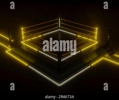 A futurist cyberpunk concept of a wrestling ring lit by illuminated ...