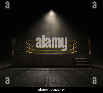 A modern wrestling ring with yellow ropes spotlit on a dark and ominous ...