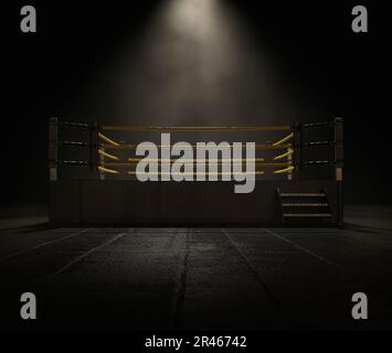 A modern wrestling ring with yellow ropes spotlit on a dark and ominous ...