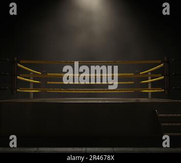 A modern wrestling ring with yellow ropes spotlit on a dark and ominous ...