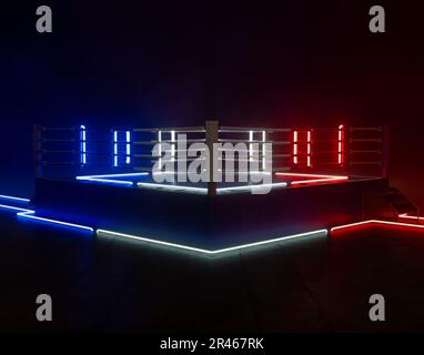 A futurist cyberpunk concept of a boxing ring lit by illuminated red ...
