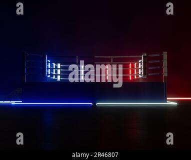 A futurist cyberpunk concept of a boxing ring lit by illuminated red ...