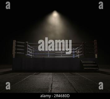 A modern boxing ring with opposing blue and red corners spotlit on a ...