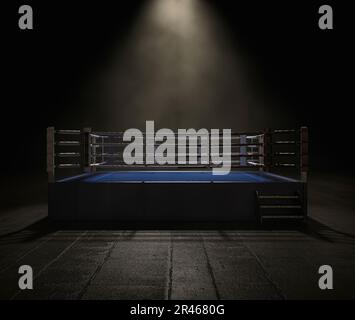 A modern boxing ring with opposing blue and red corners spotlit on a ...