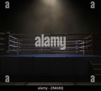 A modern boxing ring with opposing blue and red corners spotlit on a ...