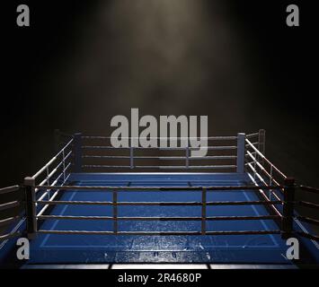 A modern boxing ring with opposing blue and red corners spotlit on a ...