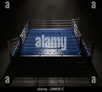 A modern boxing ring with opposing blue and red corners spotlit on a ...