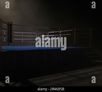 A modern boxing ring with opposing blue and red corners spotlit on a ...