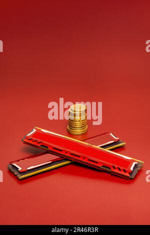 Modern red DDR-4 RAM memory module connector close up. Isolated on white, clipping path included ...