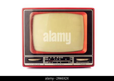 Old vintage portable TV set on white background. Retro technology ...