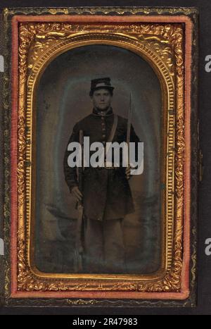 Unidentified soldier in Union frock coat and havelock-hat combination ...