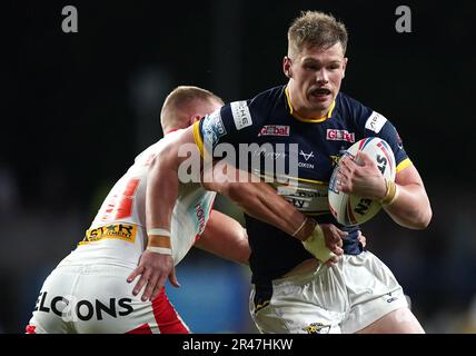 Jake Wingfield of St. Helens is tackled during the Betfred Super League ...