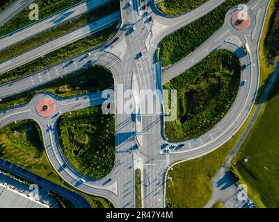 Aerial, drone, afternoon photo of a diverging diamond interchange (DDI ...