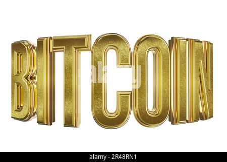 Letters of Bitcoin text on background with top light, 3d render background, computer generating ...