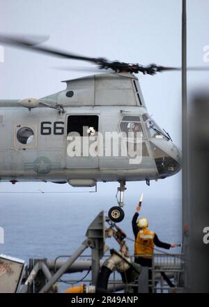 US Navy A landing signal enlistedman (LSE) guides an HH-60H Seahawk ...