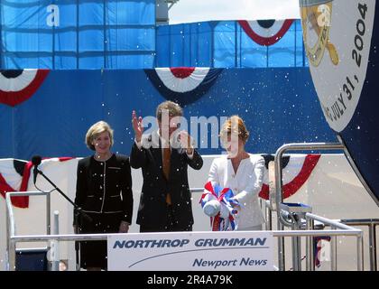 US Navy First Lady Laura Bush christens PCU Texas (SSN 775) with a ...