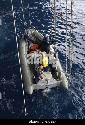 US Navy Crew members prepare uniforms to be sprayed with Permethrin on ...
