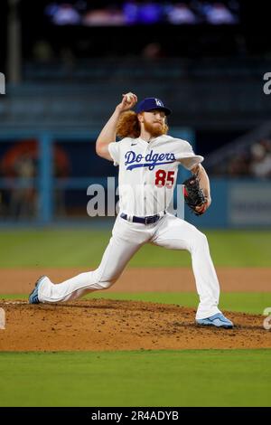Los Angeles Dodgers' Dustin May throws a pitch against the Los Angeles ...