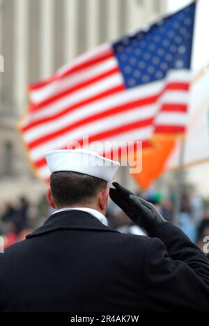 A U.S. Navy Sailor salutes a U.S. flag during an interment ceremony ...