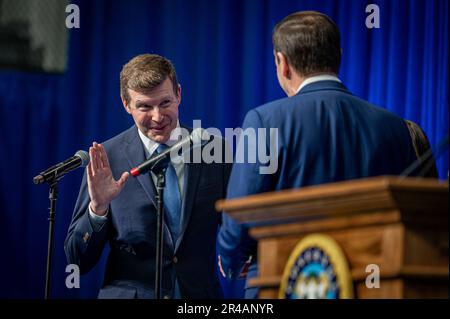 Comptroller Sean Scalon swears in during the state of Connecticut's ...