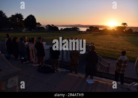 Community members gather for an Easter sunrise service at Soldier Field ...
