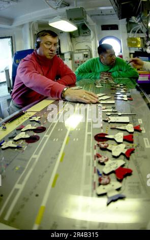 An aircraft handler aboard the nuclear-powered aircraft carrier USS ...