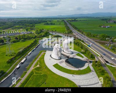 Aerial view of The Kelpies horse sculptures in Helix park in Falkirk ...