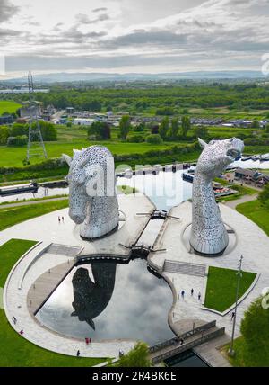 Aerial view of The Kelpies horse sculptures in Helix park in Falkirk ...
