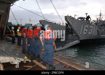 US Navy Boatswain's Mates aboard the command ship USS Blue Ridge (LCC ...