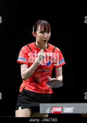 Durban, South Africa. 27th May, 2023. Coach Qiu Yike celebrates scoring ...