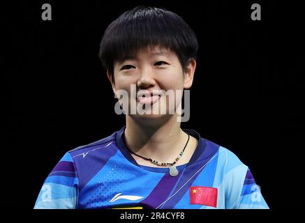 Durban, South Africa. 27th May, 2023. Coach Qiu Yike celebrates scoring ...