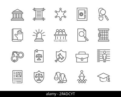 Legal line symbols. Law authority icons. Judgement investigation. Lawfulness badge. Court and ...