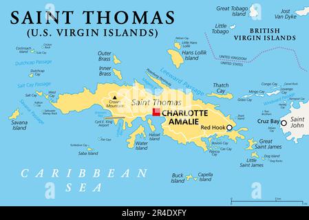 U.S. Virgin Islands - Saint Thomas outlined on a Colored elevation map ...