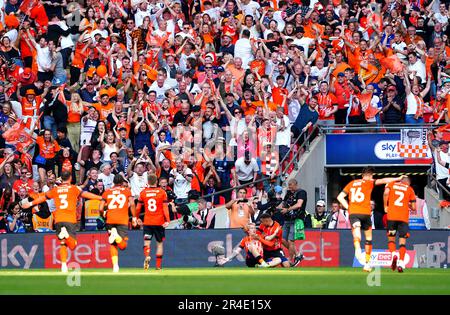 Luton Town's Joe Taylor celebrates before his goal is disallowed during ...