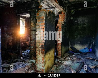 Burned room interior in apartment house. Consequences of fire concept ...