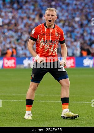 Luton Town's Joe Taylor celebrates before his goal is disallowed during ...