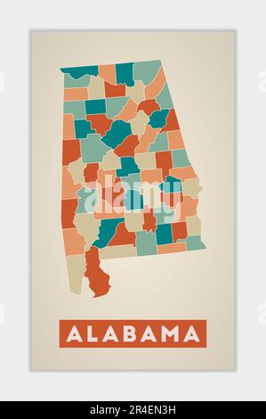 Alabama map. Poster with map of the US state in retro color palette ...