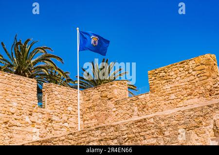 Flag of the city of Melilla waving in the Plaza de Armas. Second ...