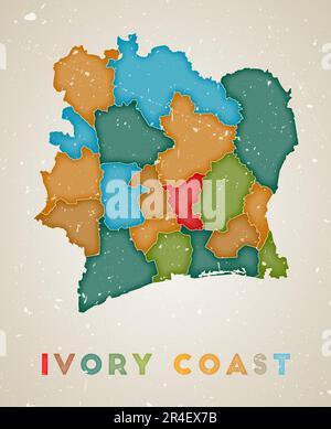 Ivory Coast poster. Map of the country with colorful regions. Shape of ...